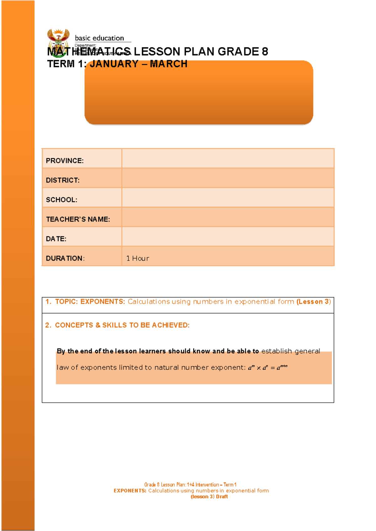 Grade 8 Exponents Lesson 3 - MATHEMATICS LESSON PLAN GRADE 8 TERM 1 ...