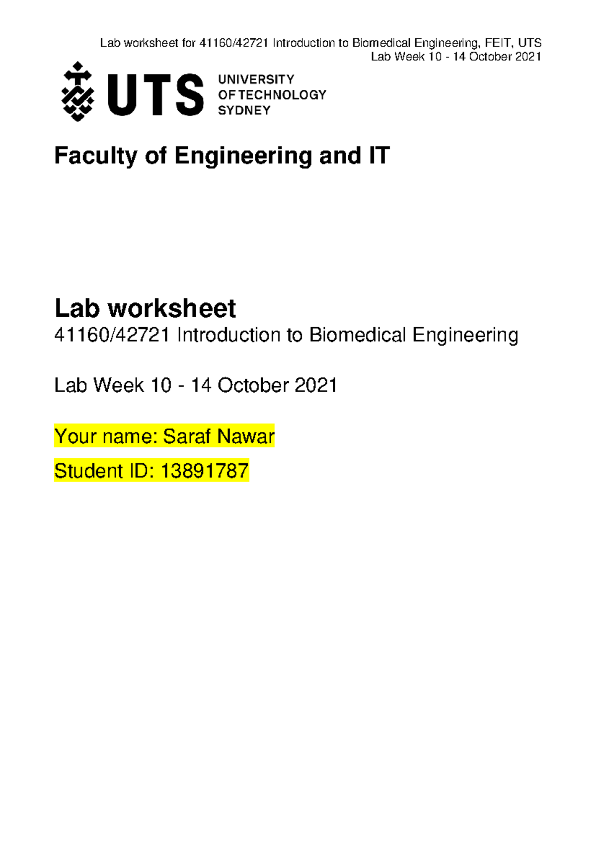 Lab worksheet week 10 - Lab Week 10 - 14 October 2021 Faculty of Engineering and IT Lab ...
