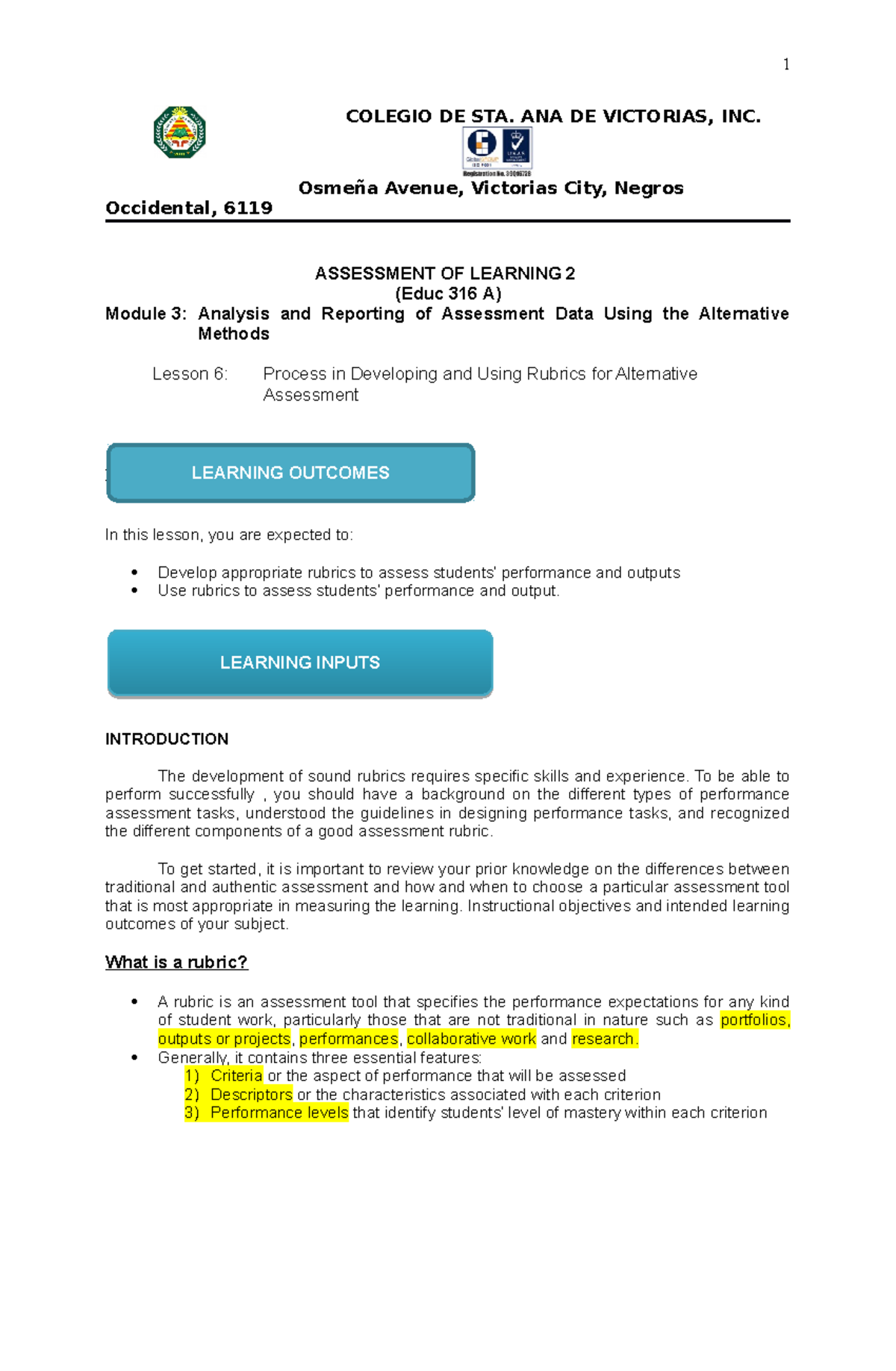 Module 3 Lesson 6 Rubrics - COLEGIO DE STA. ANA DE VICTORIAS, INC ...