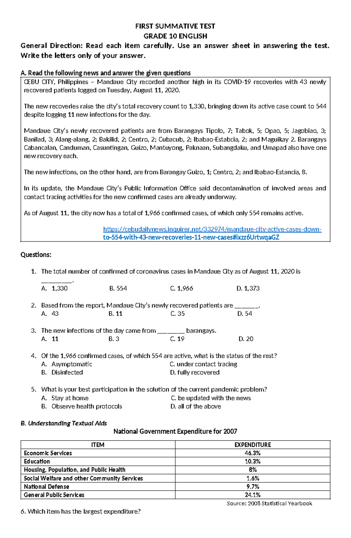 First Summative TEST 1 - FIRST SUMMATIVE TEST GRADE 10 ENGLISH General ...