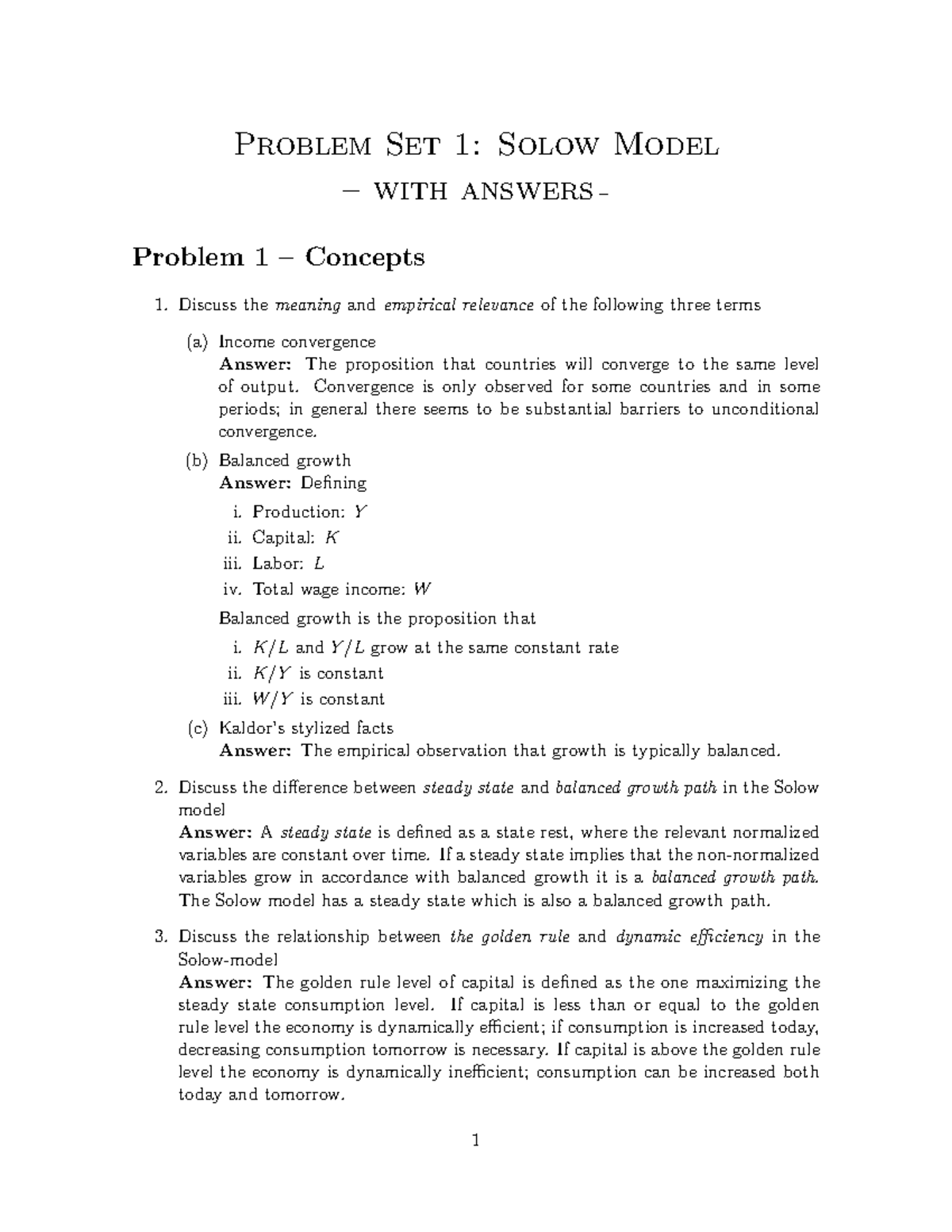 Problem Set 1 Solow model - Problem Set 1: Solow Model – with answers – Problem 1 – Concepts ...