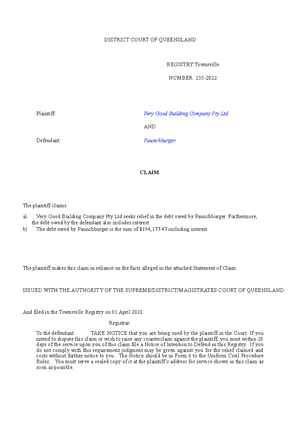 Form-2-Claim-UCPR - Civil Procedure Assignment Claim Template - SUPREME ...