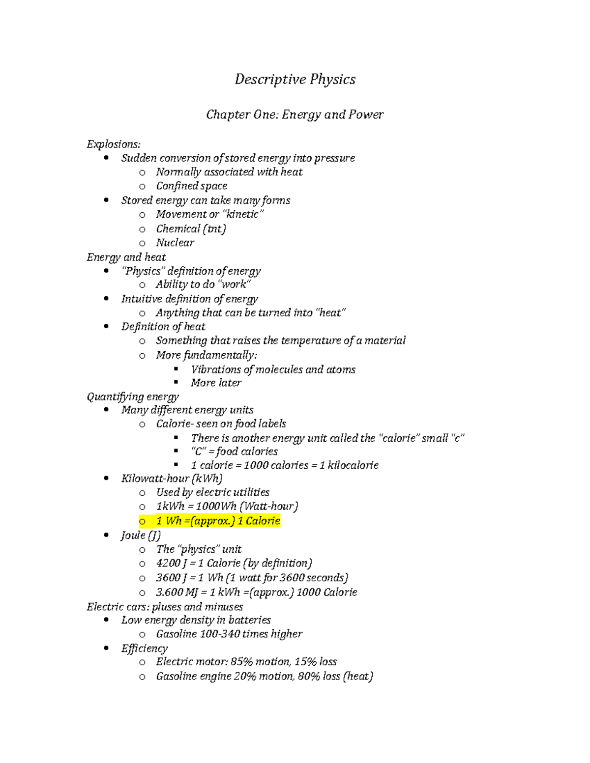 Chapter one notes - Descriptive Physics Chapter One: Energy and Power ...