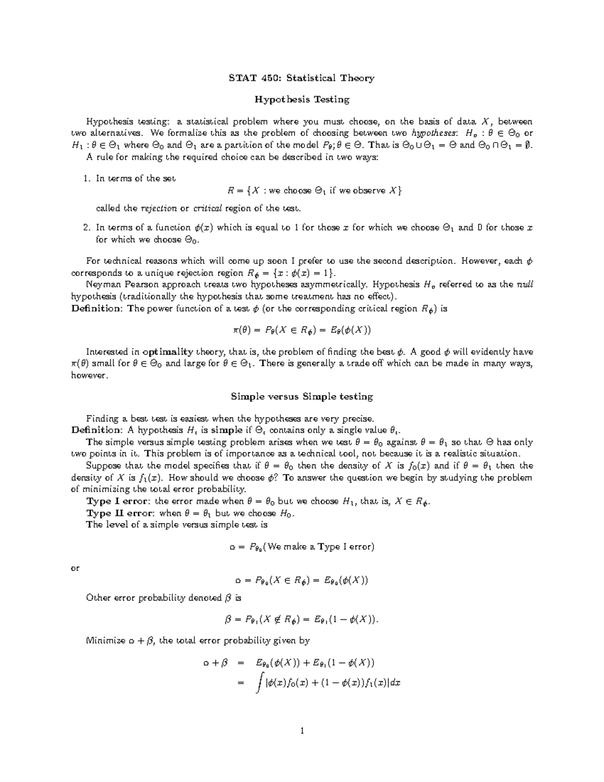 Stattheory - Lecture notes 5 - STAT 450: Statistical Theory Hypothesis ...