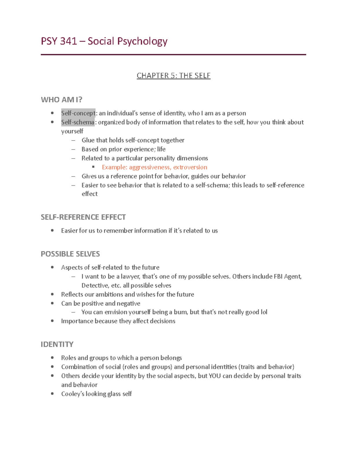 Chapter 5: The Self - PSY 341 – Social Psychology CHAPTER 5: THE SELF ...