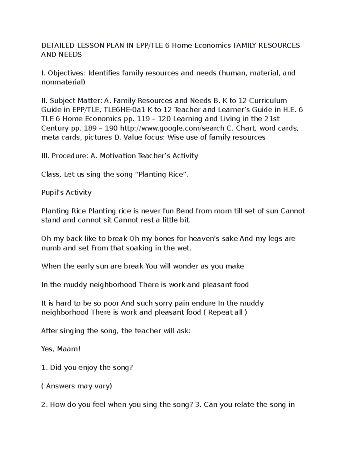 Detailed Lesson PLAN - DETAILED LESSON PLAN IN EPP/TLE 6 Home Economics ...