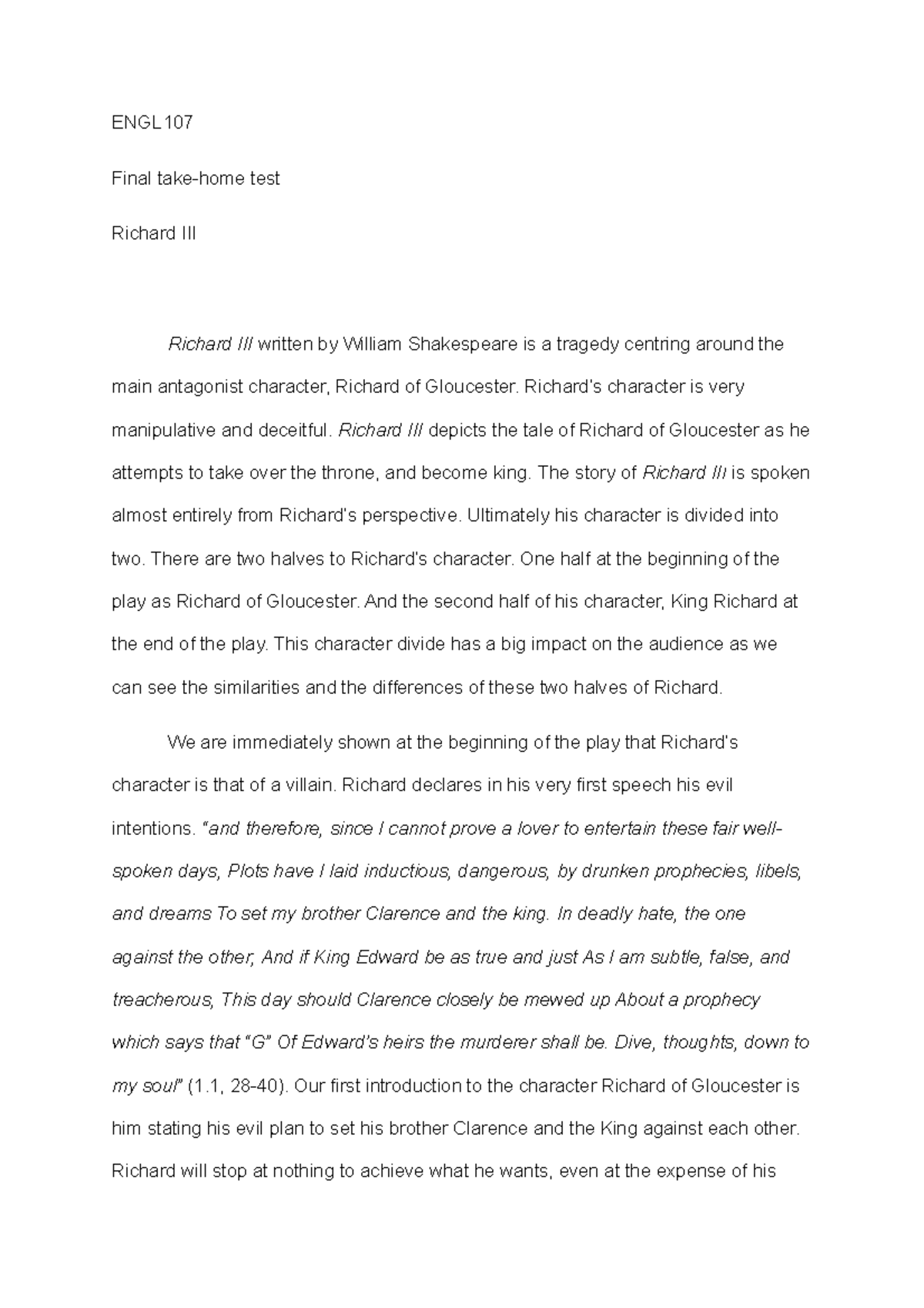 Take Home Test Shakespeare - ENGL Final take-home test Richard III ...