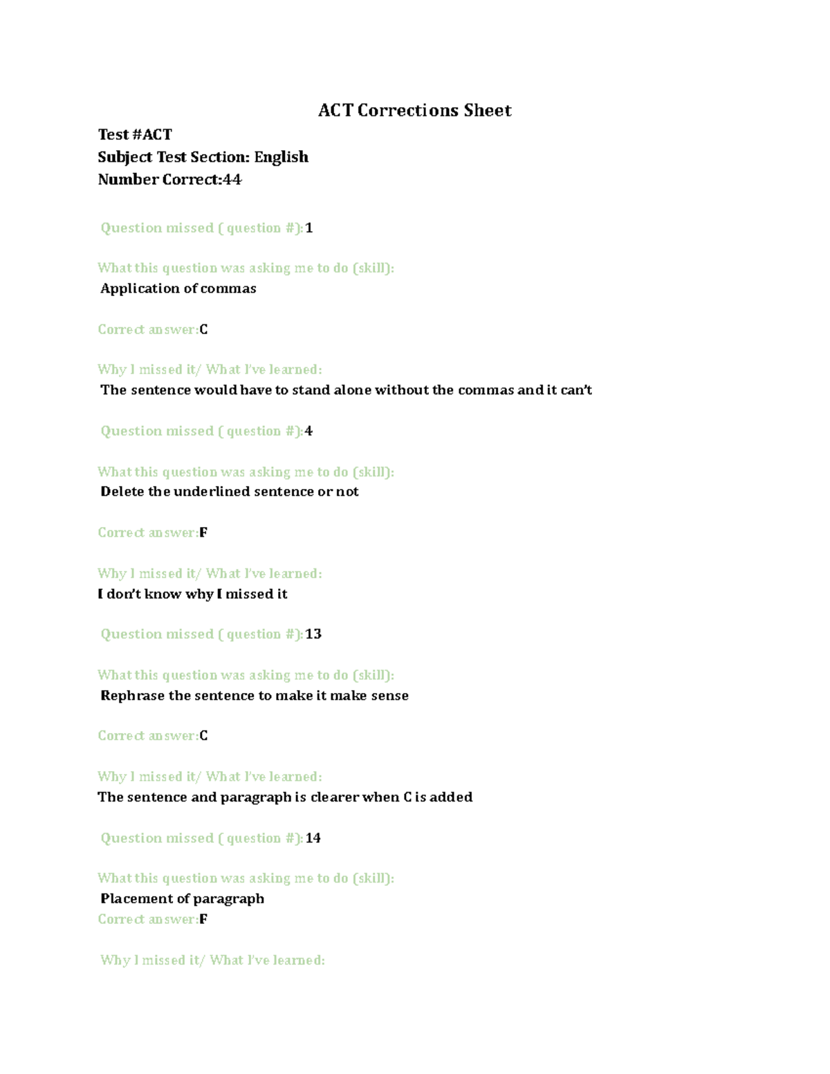 ACT Corrections Sheet - Study material for APUSH - ACT Corrections ...