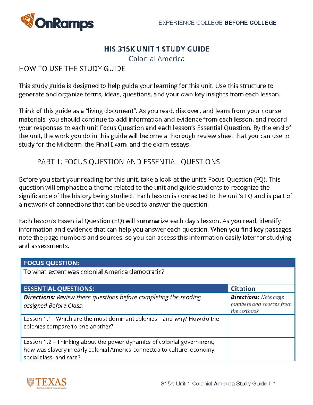 SG HIS 315K U1 Student Version - HIS 315K UNIT 1 STUDY GUIDE Colonial ...