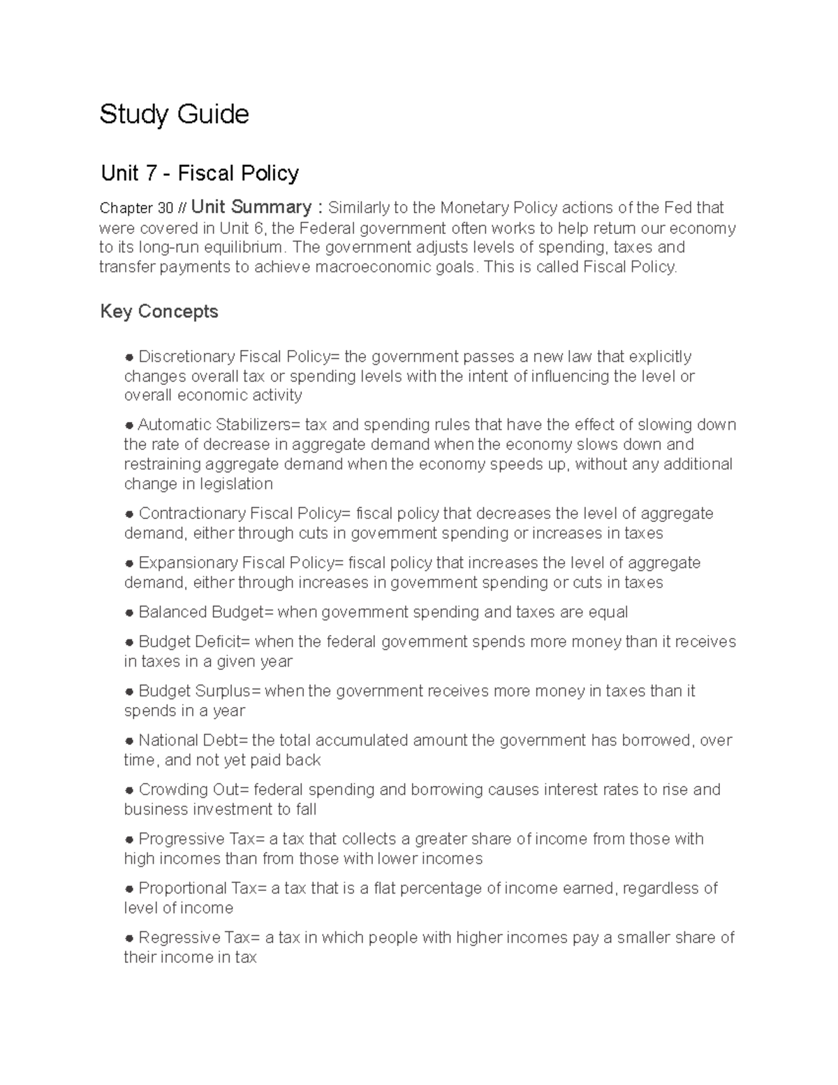 Unit 7 Study Guide - Study Guide Unit 7 - Fiscal Policy Chapter 30 //Unit Summary :Similarly to ...