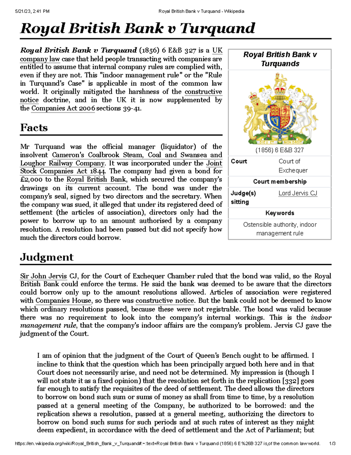 Royal British Bank v Turquand - Wikipedia - - Studocu