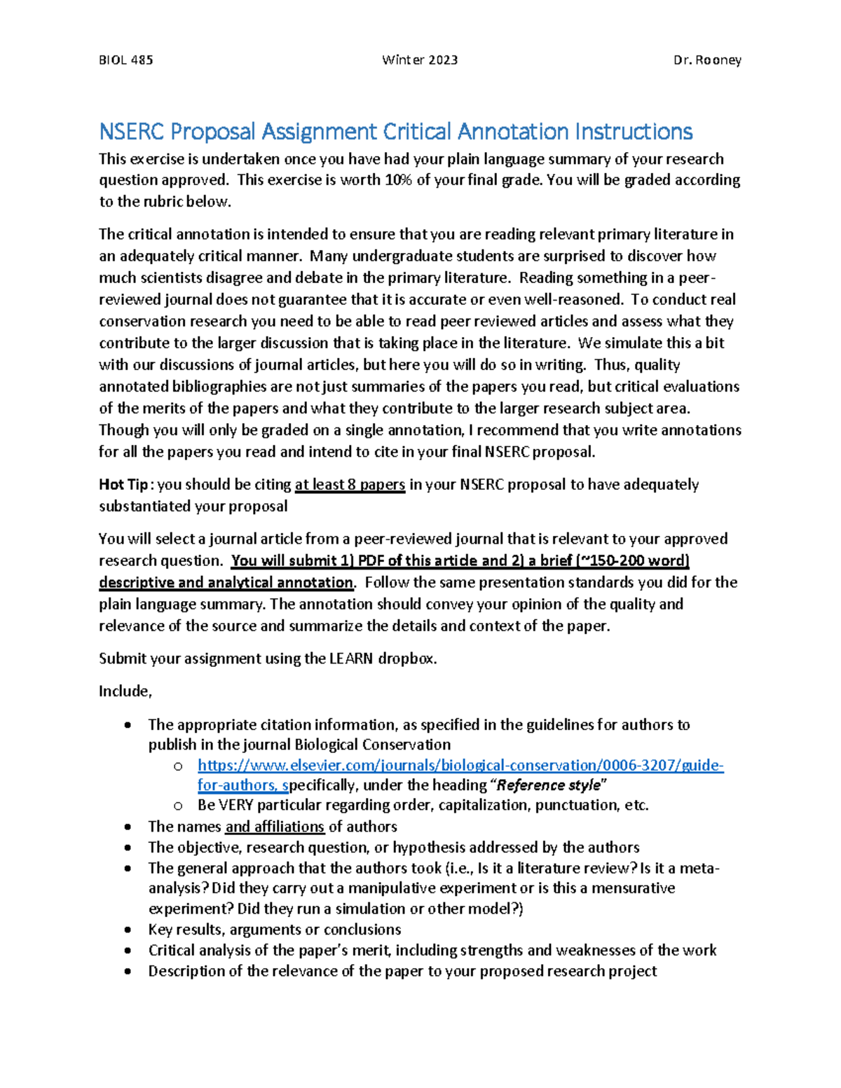 Nserc Proposal Critical Annotation 2023 - BIOL 485 Winter 20 23 Dr ...