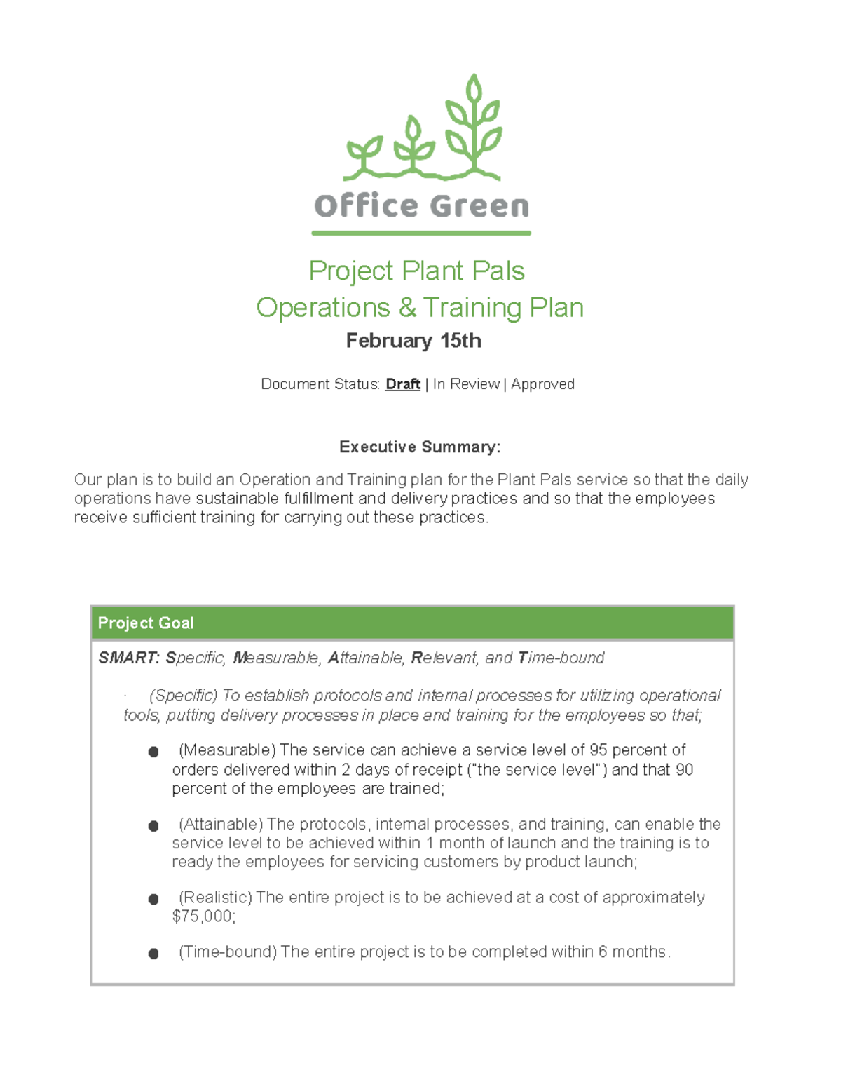 Project charter - Project Plant Pals Operations & Training Plan ...
