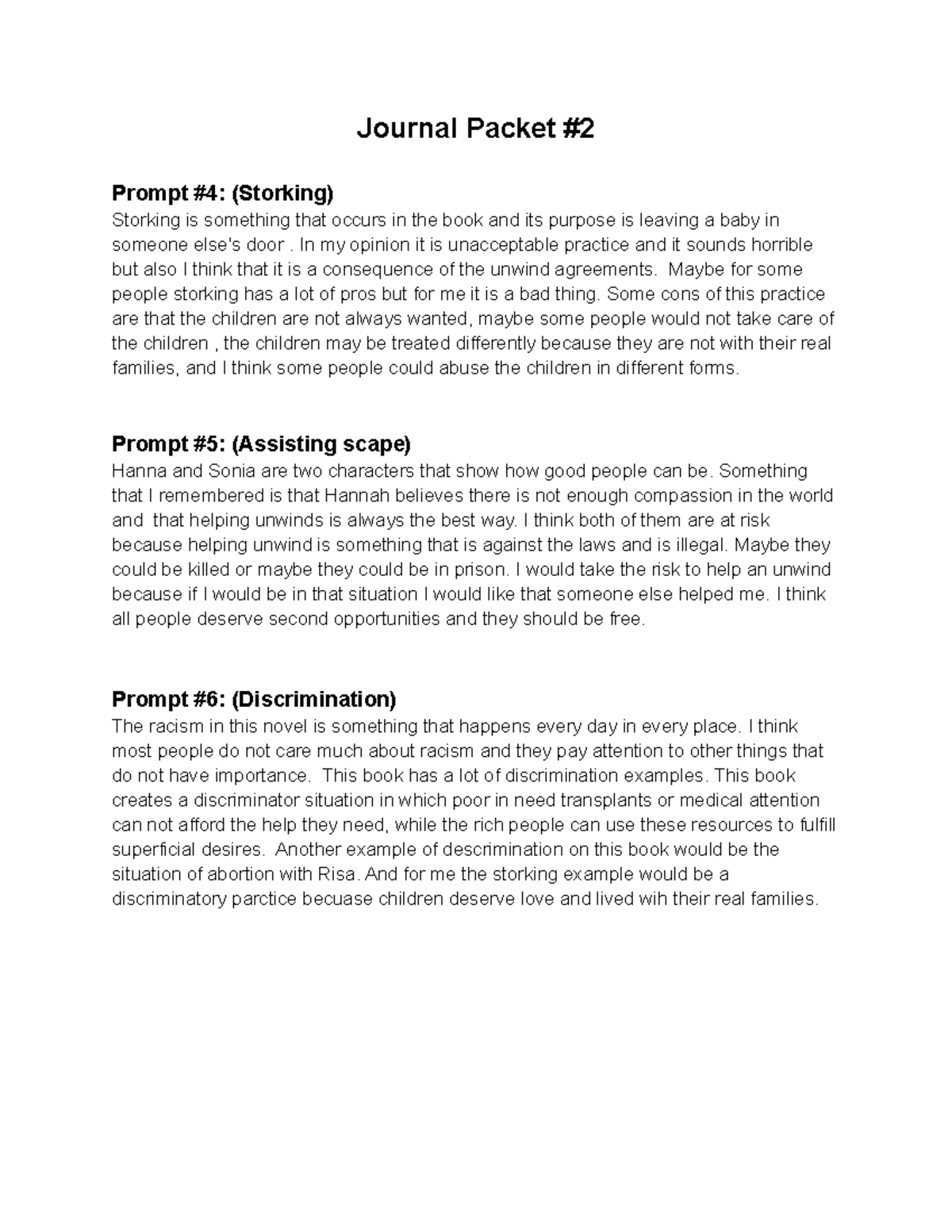 Journal Packet #2 - UNwind book - Journal Packet Prompt #4: (Storking ...