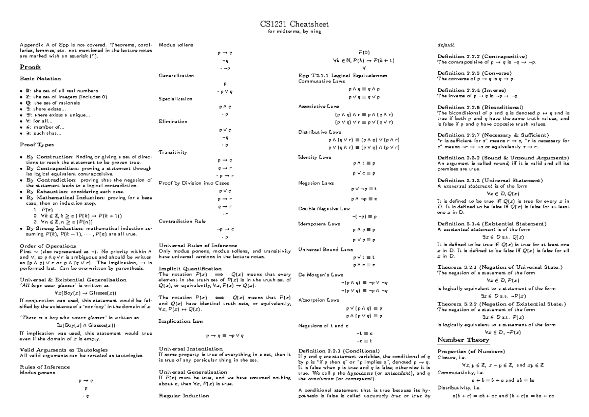 Cs1231-midterms-2018 s1 - Copy - CS1231 Cheatsheet for midterms, by ning Appendix A of Epp is ...