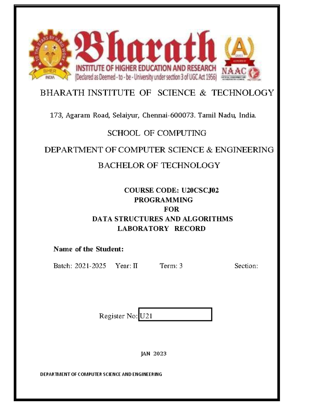 PDS Record - yizsdyhicuisd - BHARATH INSTITUTE OF SCIENCE & TECHNOLOGY 173, Agaram Road, - Studocu