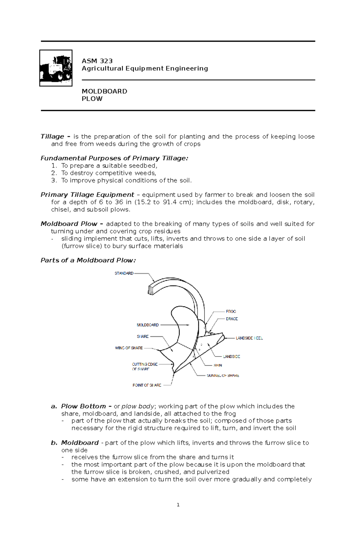 Moldboard PLOW - ASM 323 Agricultural Equipment Engineering MOLDBOARD ...