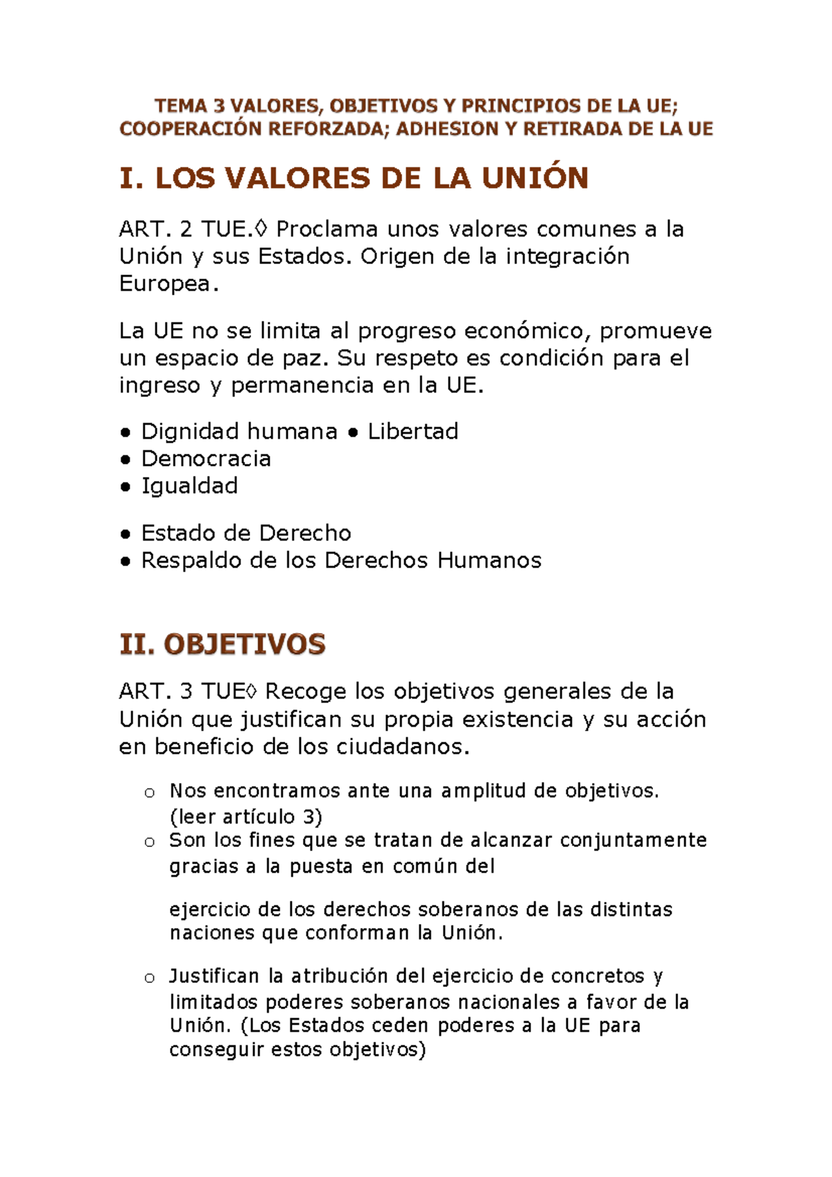 TEMA 3 union europea - I. LOS VALORES DE LA UNIÓN ART. 2 TUE. Proclama ...