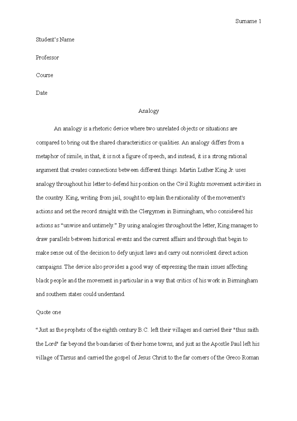 Rhetorical devices- Analogy.edited - Student’s Name Professor Course ...