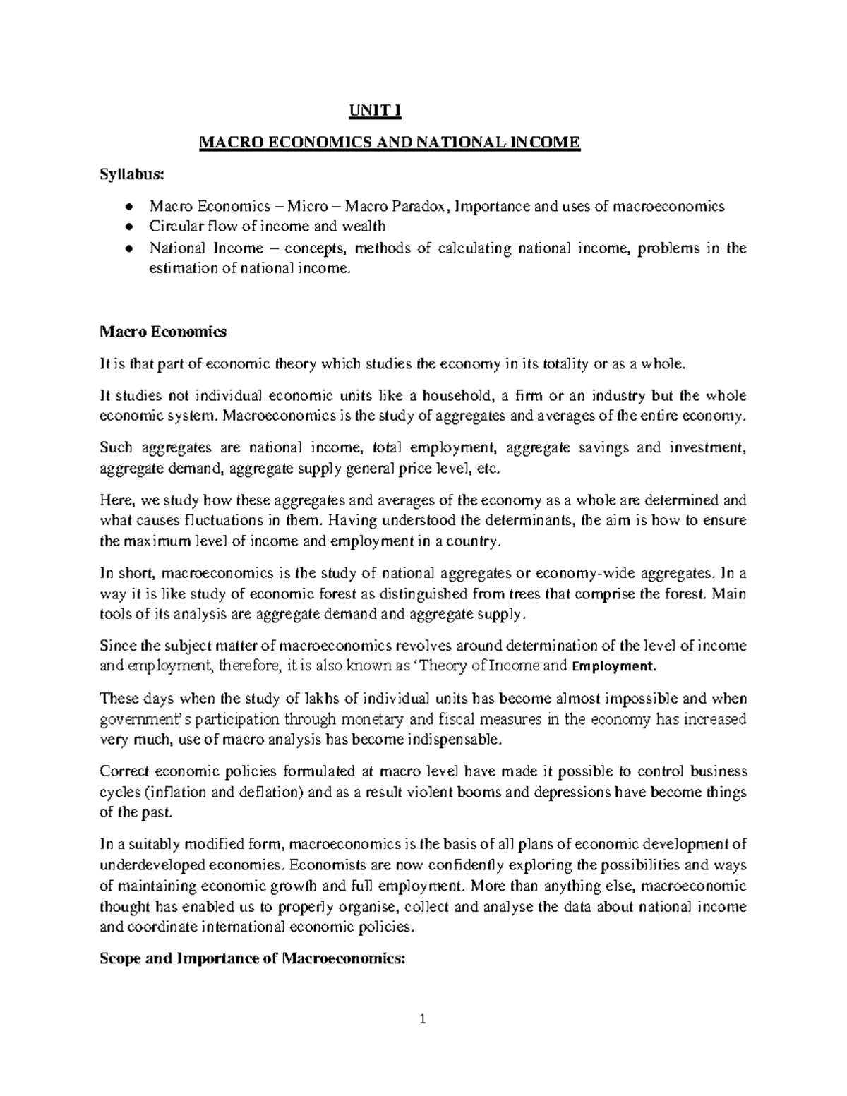 Unit 1 - UNIT I MACRO ECONOMICS AND NATIONAL INCOME Syllabus: Macro ...