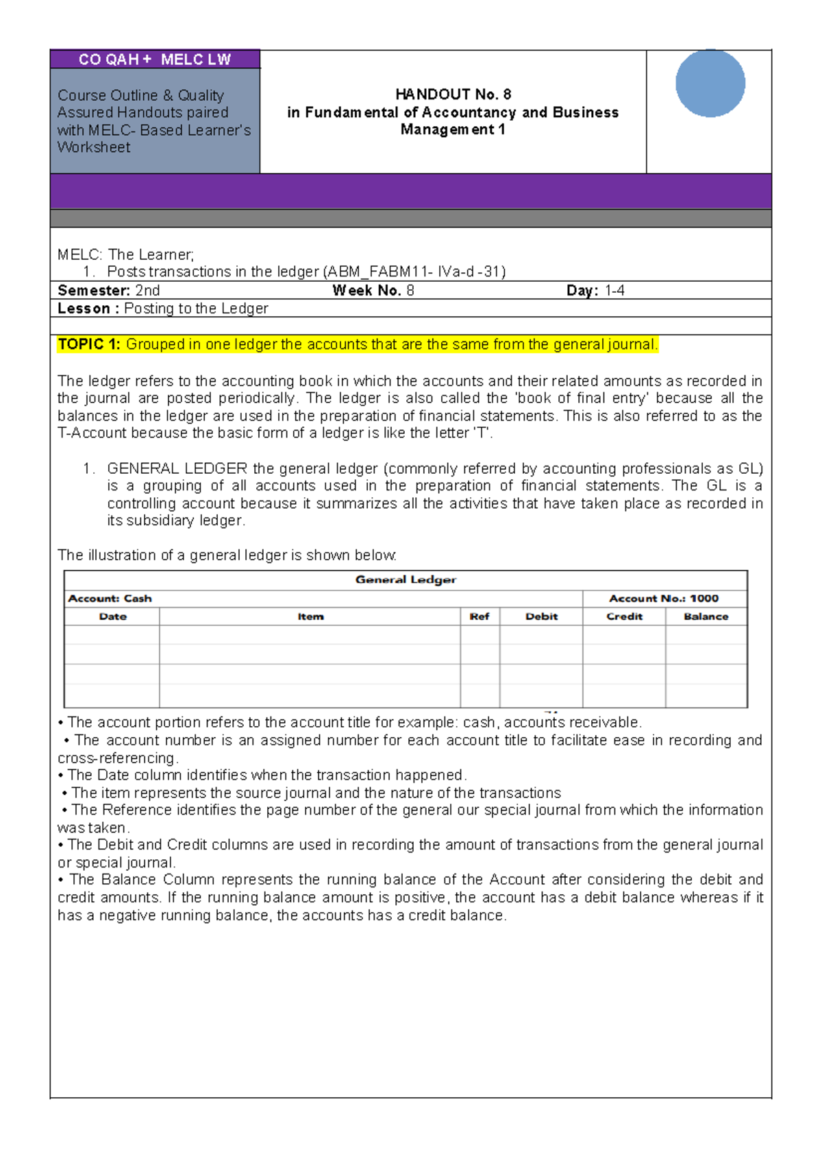 FABM1 Handout- week 8 - aksjhdka - CO QAH + MELC LW HANDOUT No. 8 in Fundamental of Accountancy ...