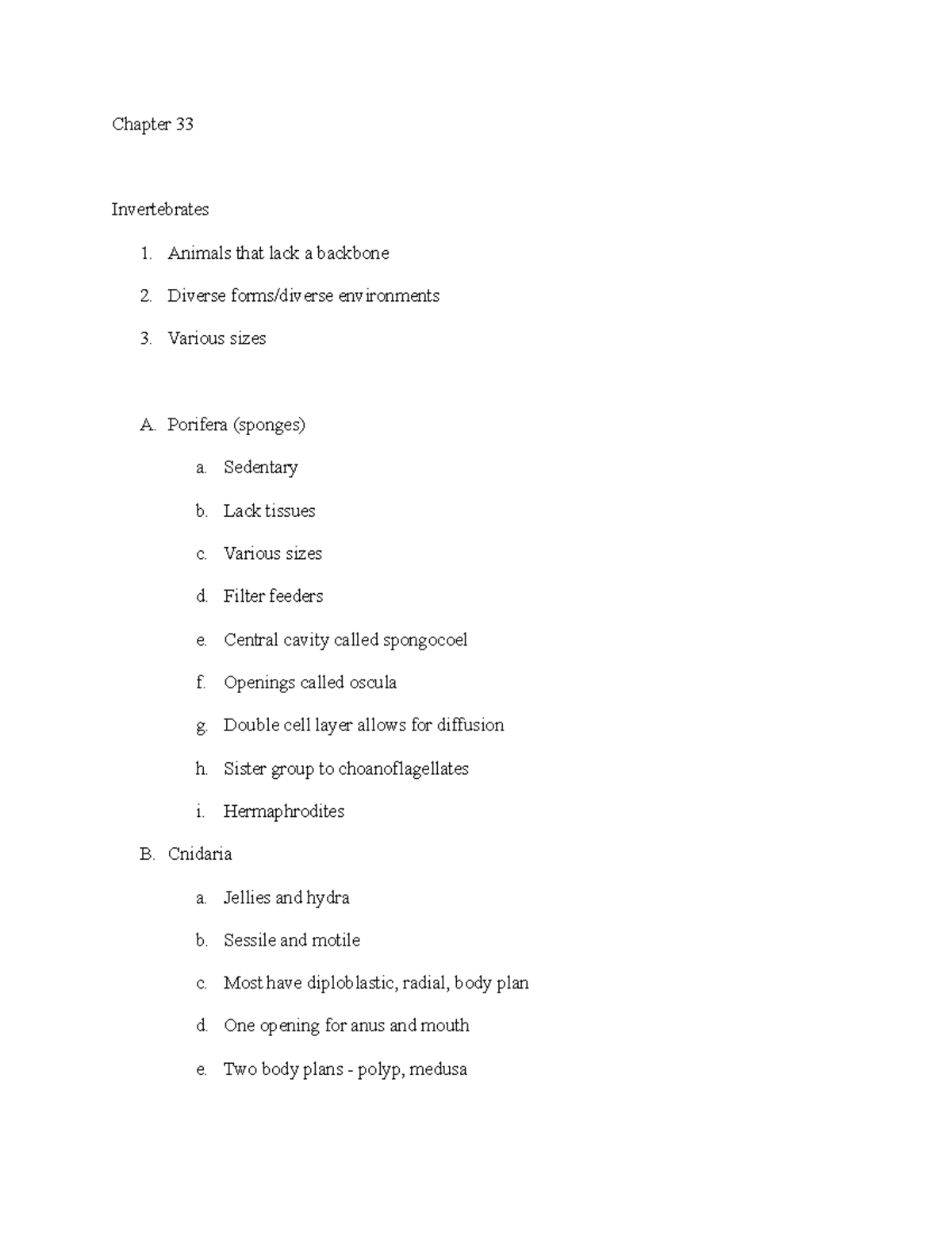 Biology Notes - Chapter 33 - Chapter 33 Invertebrates 1. Animals that ...