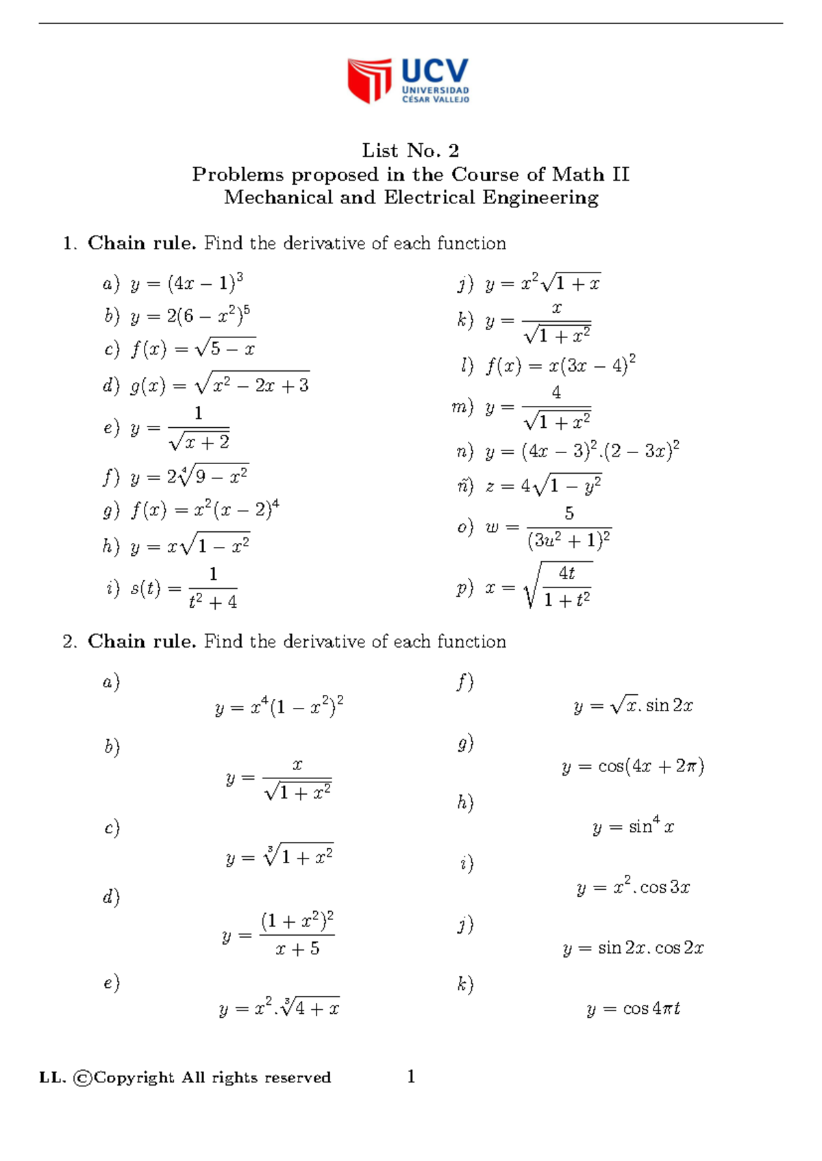 Matematica III uni - List No. 2 Problems proposed in the Course of Math ...