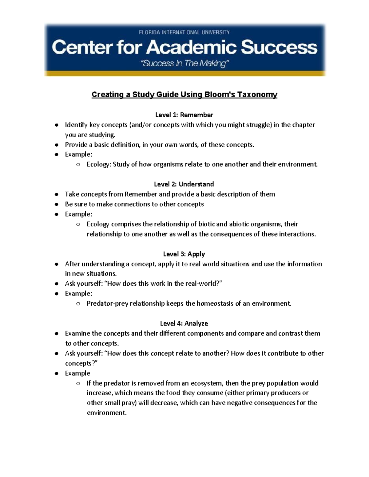 Bloom's Taxonomy Study Guide Handout - Creating a Study Guide Using ...