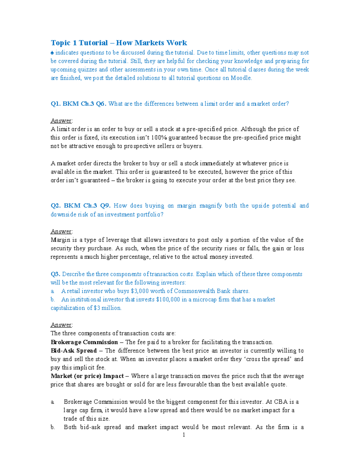 Tute 1 Ans - Topic 1 Tutorial – How Markets Work ♠ indicates questions ...