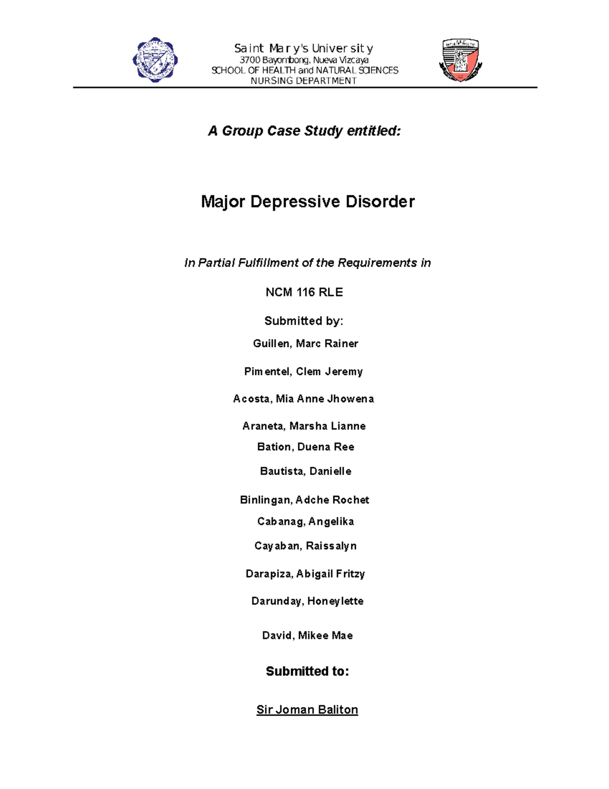 GCS MDD Group 1 - Enjoy - A Group Case Study entitled: Major Depressive ...