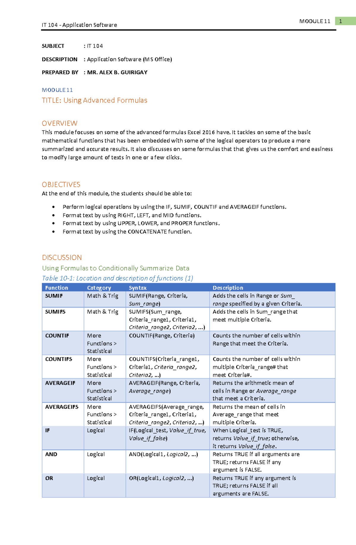 IT 104 - Application Software Module 11 - SUBJECT : IT 104 DESCRIPTION ...