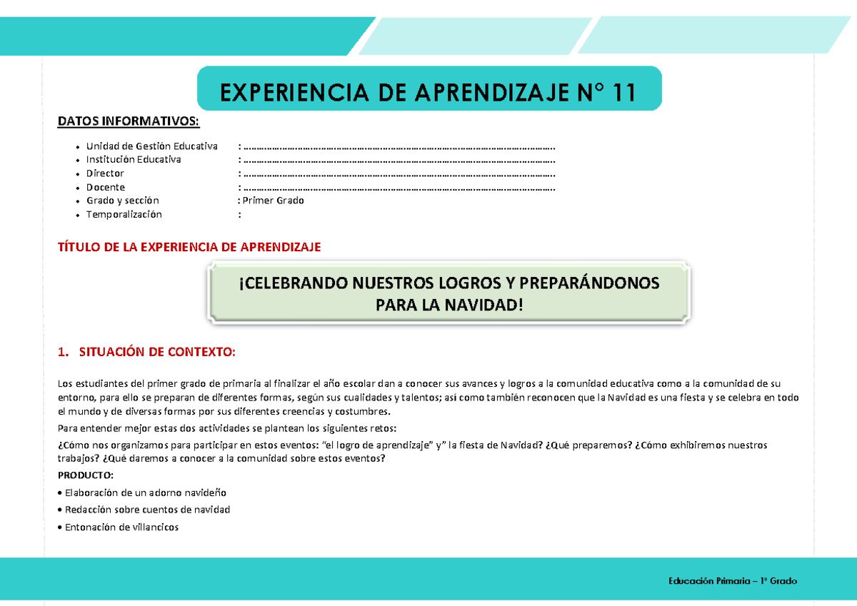 Experiencia DE Aprendizaje Navidad - DATOS INFORMATIVOS: • Unidad de Gestión Educativa : - Studocu
