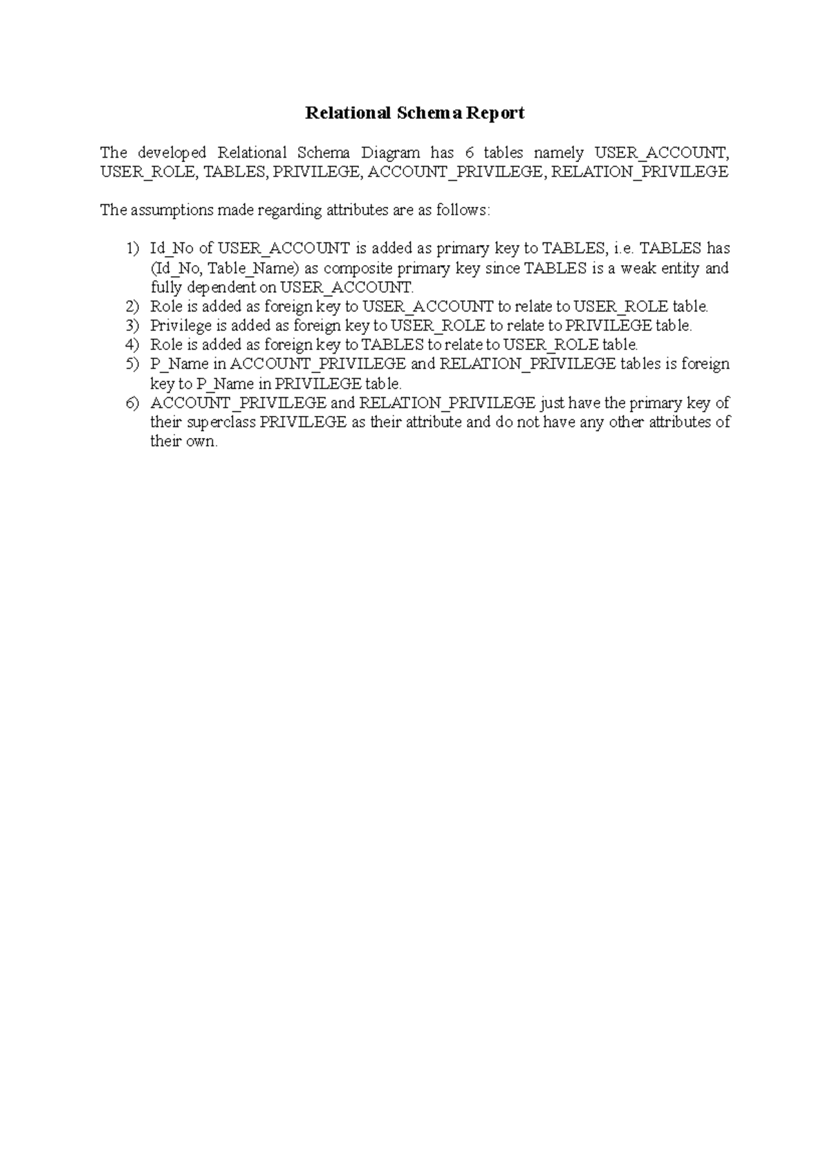 Relational Schema Assumptions Report - Relational Schema Report The ...