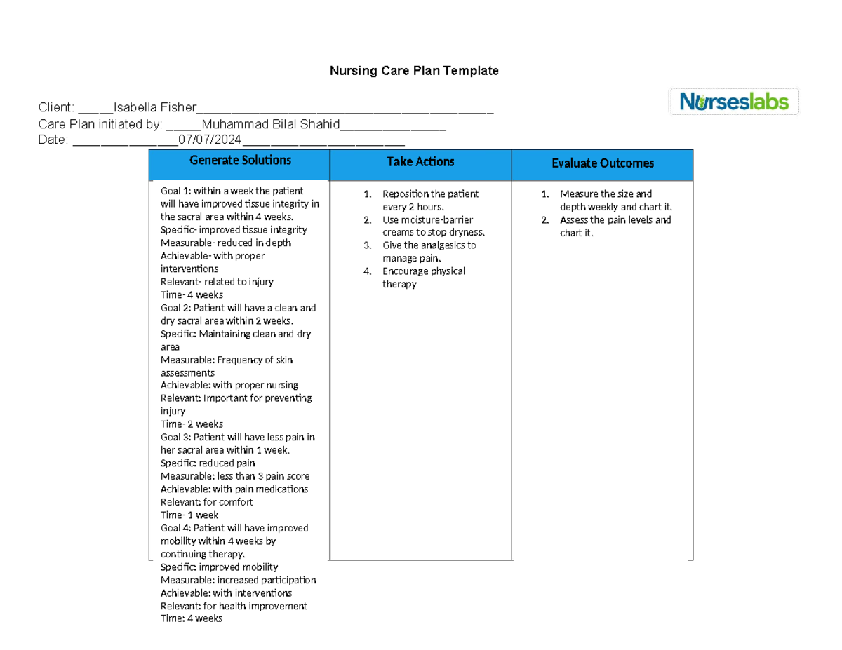 Nursing Care Plan pressure injury - Nursing Care Plan Template Client ...