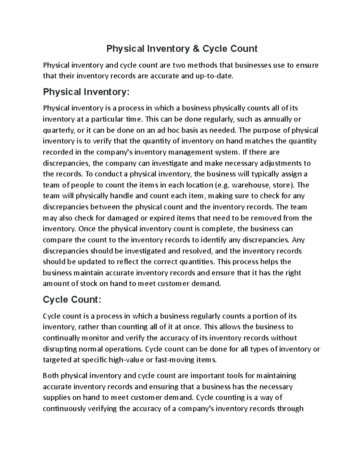Assignment 3 - ok good - Physical Inventory & Cycle Count Physical ...