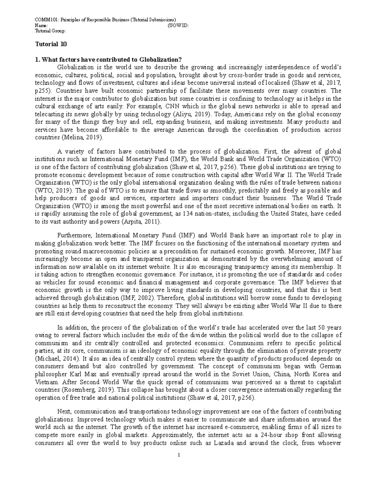 COMM 101 Tutorial 10 - Name: (UOW ID: Tutorial Group: Tutorial 10 What ...