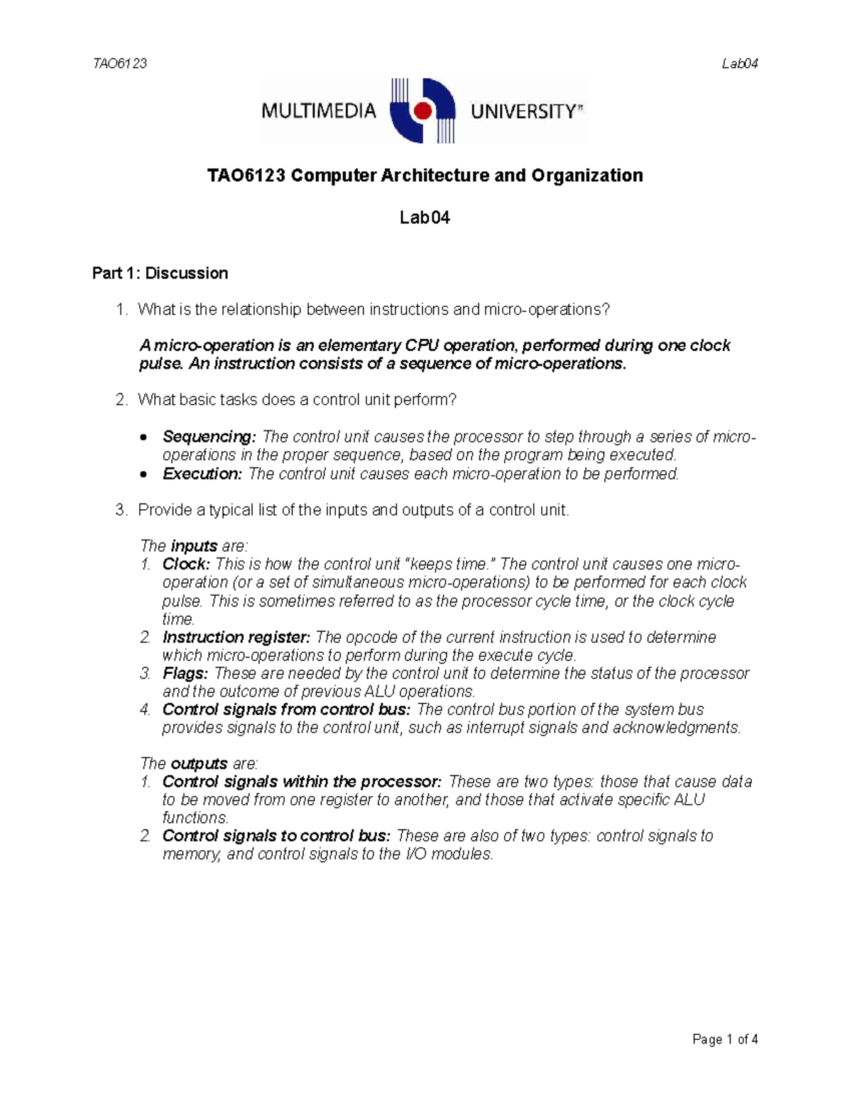 Lab04 Solution - TAO6123 Computer Architecture and Organization Lab Part 1: Discussion 1. What ...