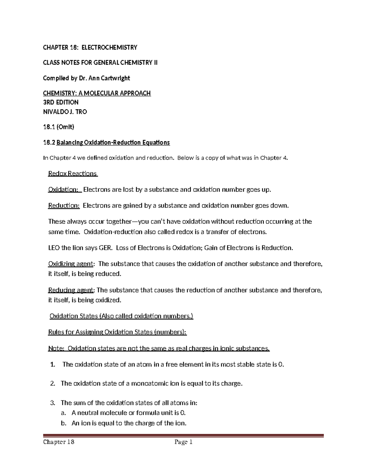 TRO Chapter 18 Class Notes - CHAPTER 18: ELECTROCHEMISTRY CLASS NOTES ...