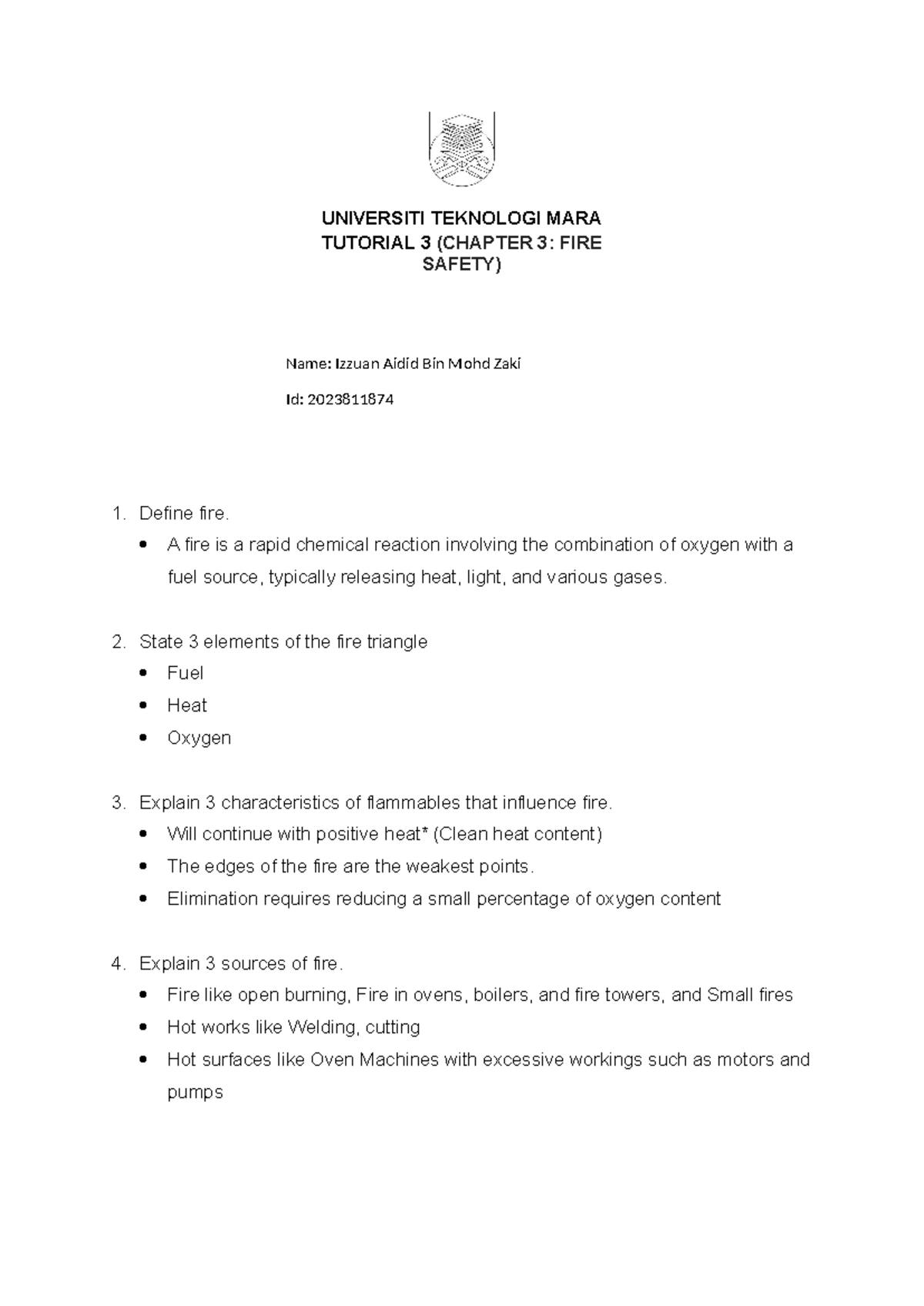 Tutorial Chapter 3 FIRE Safety - UNIVERSITI TEKNOLOGI MARA TUTORIAL 3 (CHAPTER 3: FIRE SAFETY ...