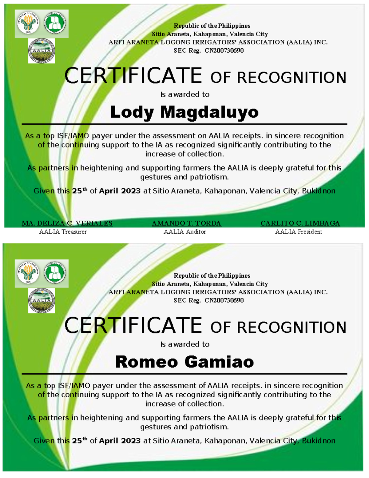 Certificate of Appreciation - Republic of the Philippines Sitio Araneta ...