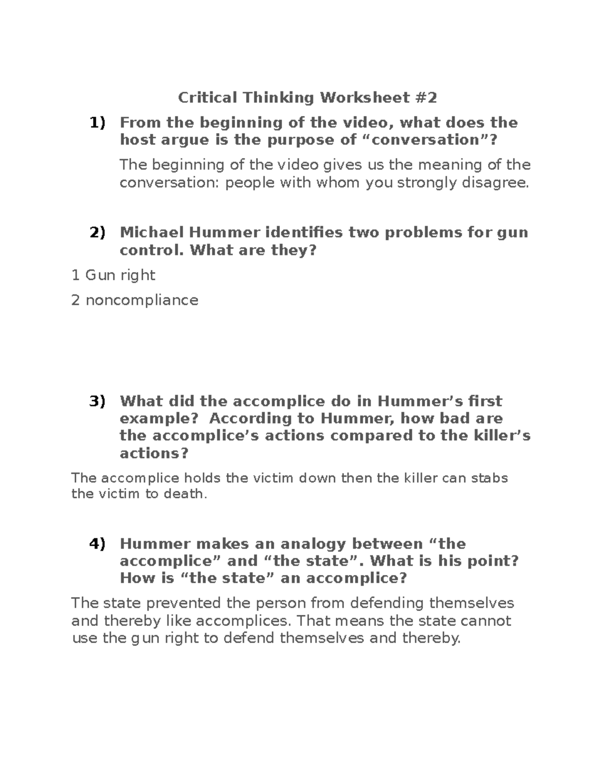 Critical Thinking Worksheet #2 - Michael Hummer identifies two problems ...