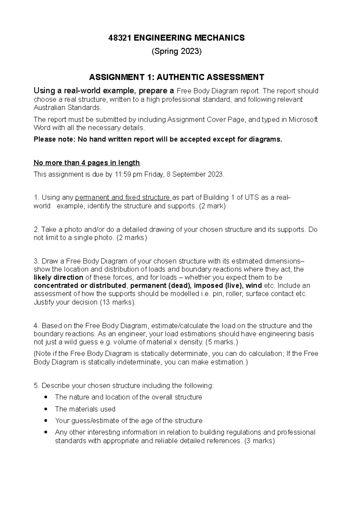 48321 Assignment Task1 Apring 23 - 48321 ENGINEERING MECHANICS (Spring 2023) ASSIGNMENT 1 ...