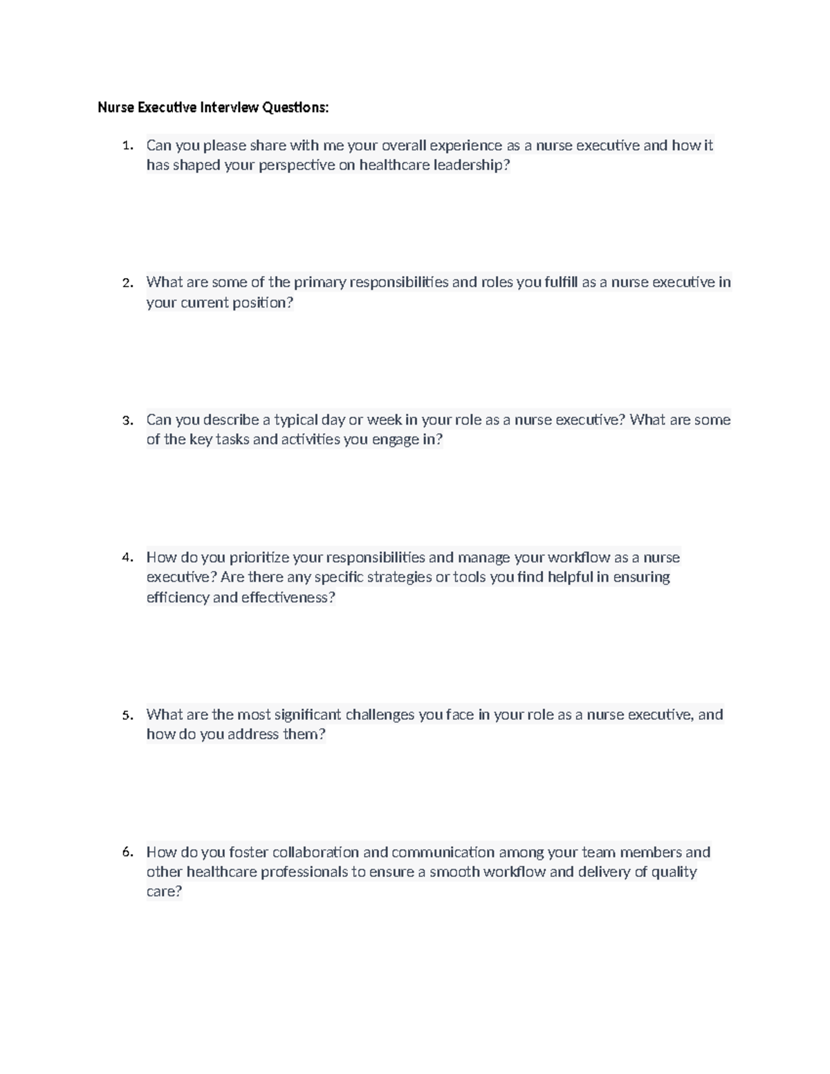 Nurse executive interview questions - Nurse Executive Interview ...