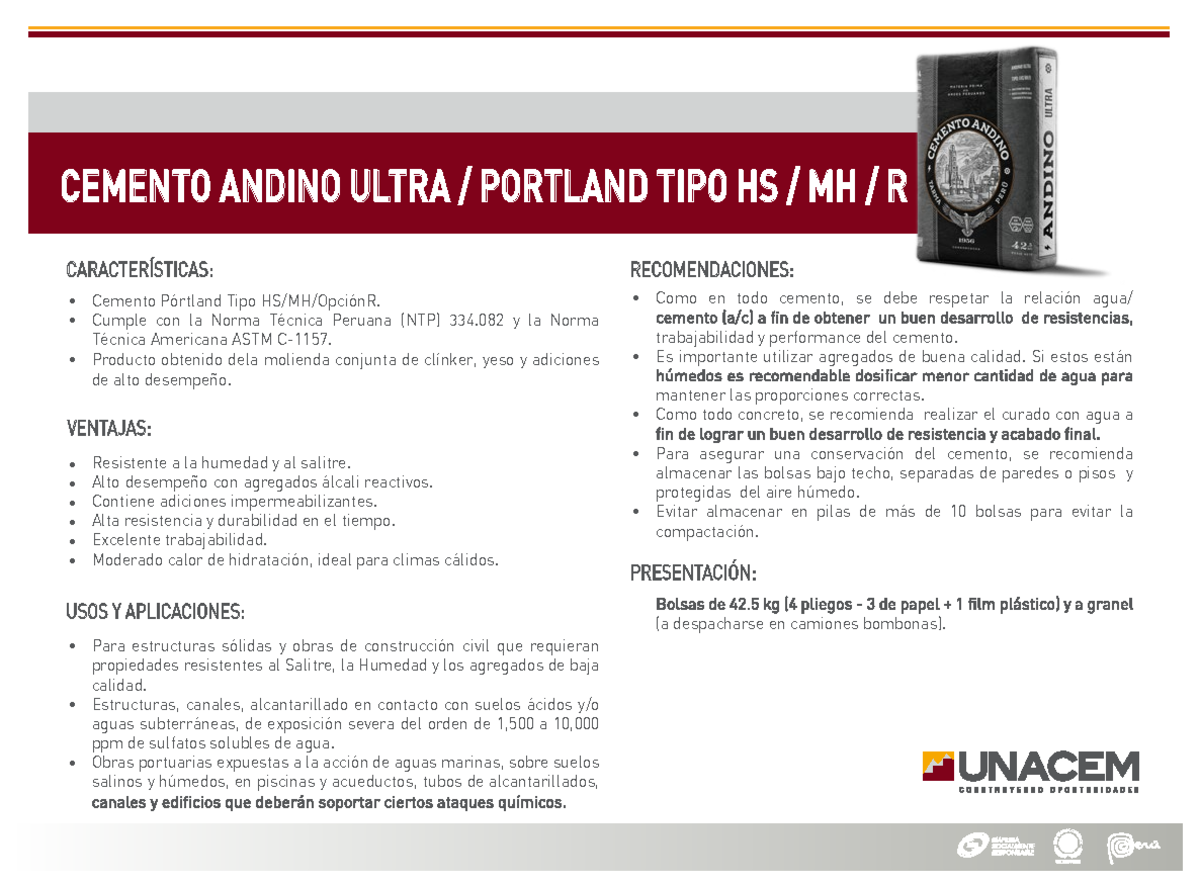 Cemento Andino TIPO Ultra - CEMENTO ANDINO ULTRA / PORTLAND TIPO HS / MH / R Cemento Pórtland ...