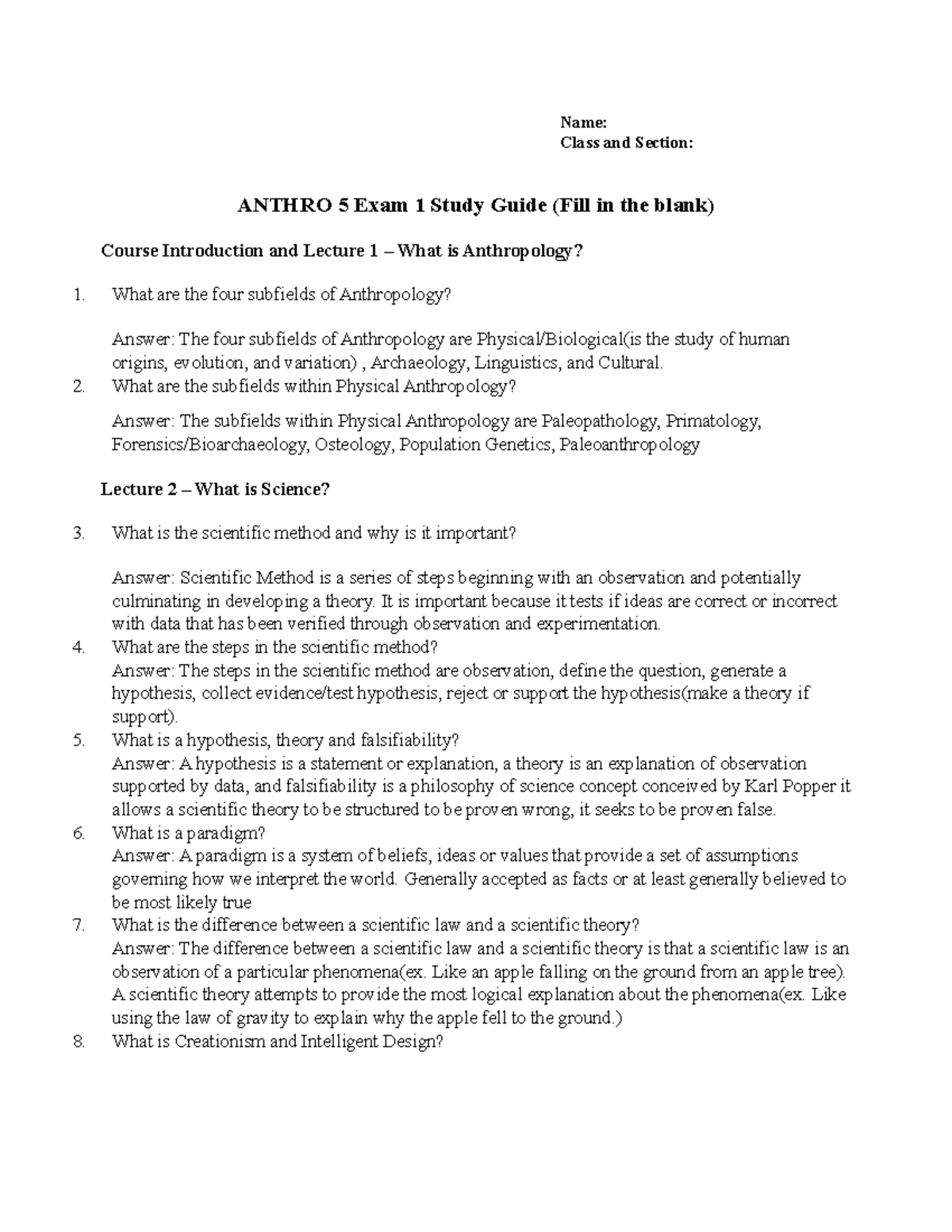 A Nthro 5 Exam 1 Study Guide-1 - Name: Class and Section: ANTHRO 5 Exam ...