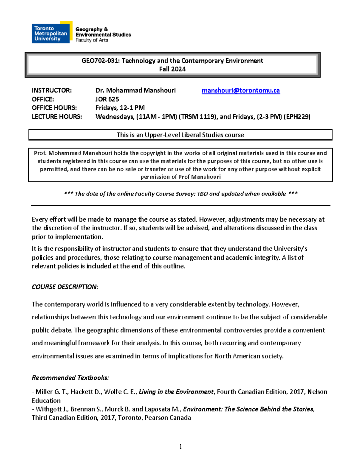 GEO702-031 Course Outline, Dr. Manshouri, Fall 2024 - GEO702- 031 ...