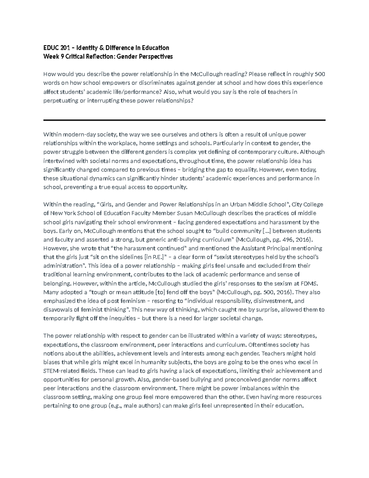 EDUC 201 - Week 9 Critical Reflection - EDUC 201 – Identity ...