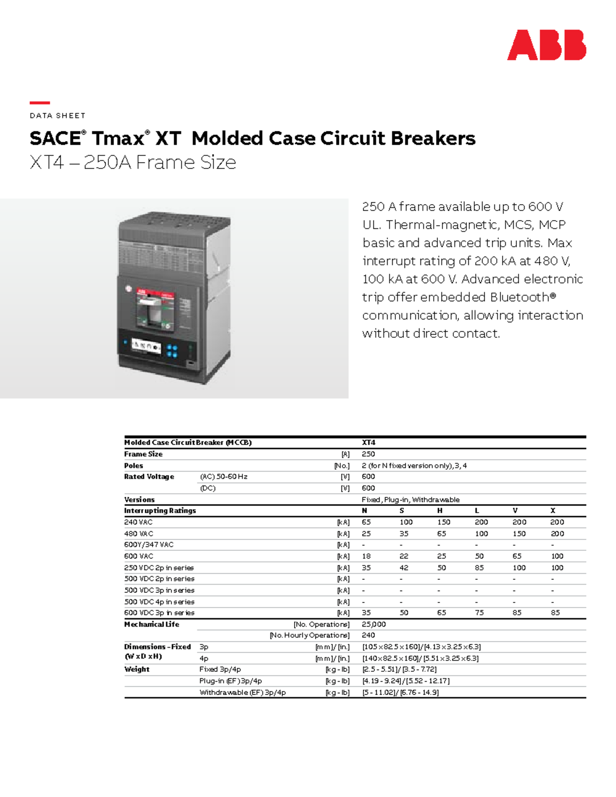 SACE Tmax XT4 Technical Data Sheet 1SXU210258 D0201 D - — D ATA S H E E T SACE ® Tmax ® XT ...