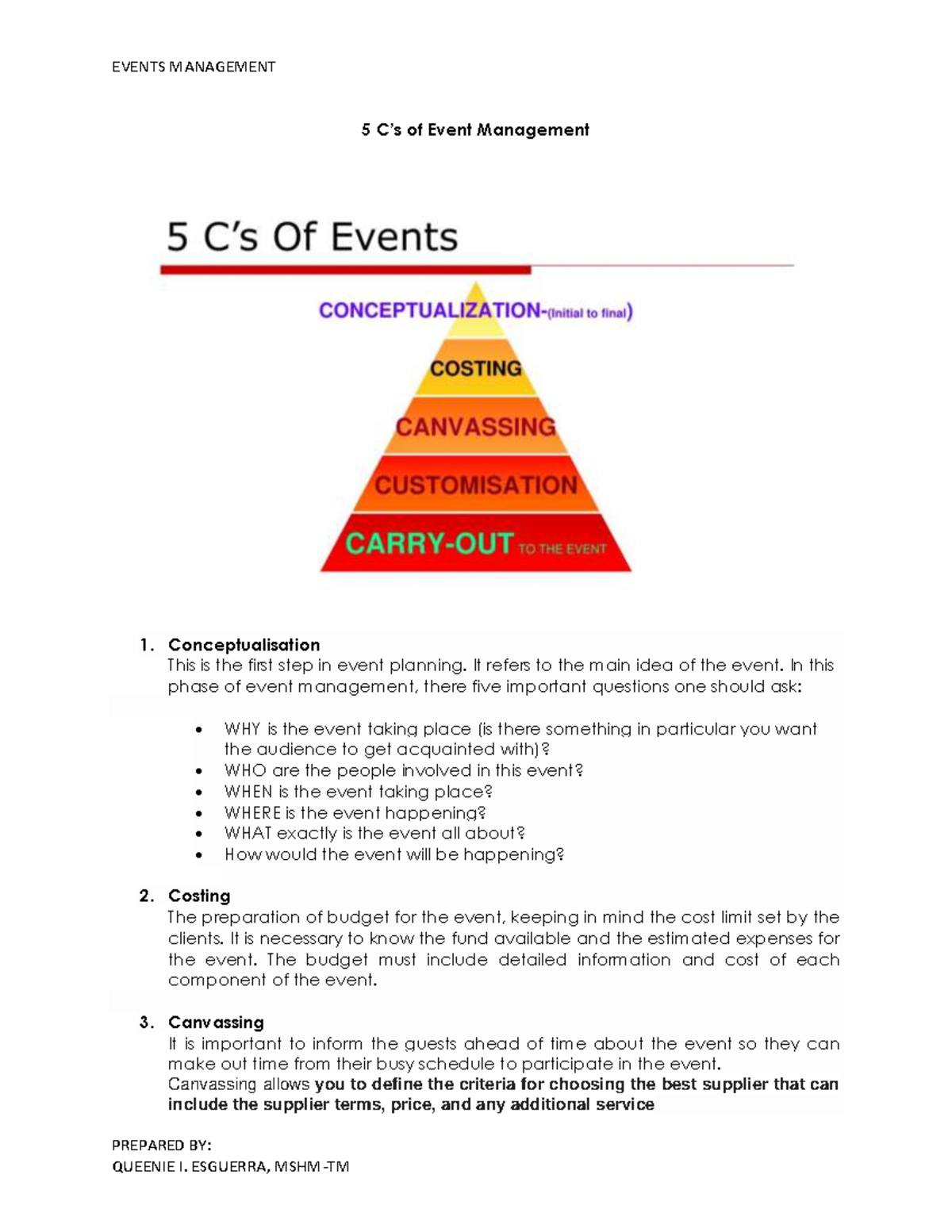 5 C's of events - module - The purpose of this course is to enable the ...