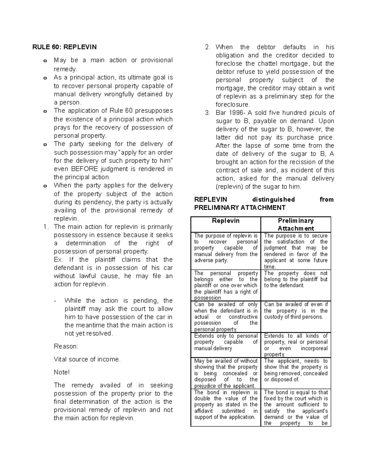 RULE 60 - Rule 60 Rules of Civil Procedure II - RULE 60: REPLEVIN o May be a main action or ...